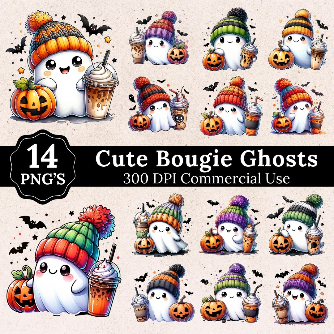 Bougie Ghost Clipart Set, 14 Cute Ghost Drinking Coffee PNG Images ...