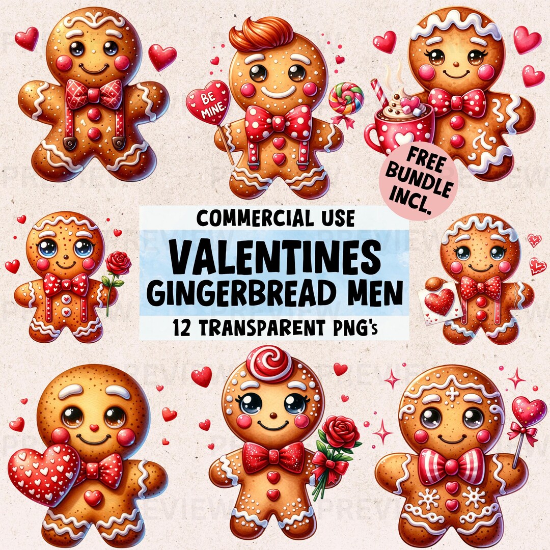 Valentine Gingerbread Man Clipart Set, 12 Whimsical Valentine’s Day PNG ...