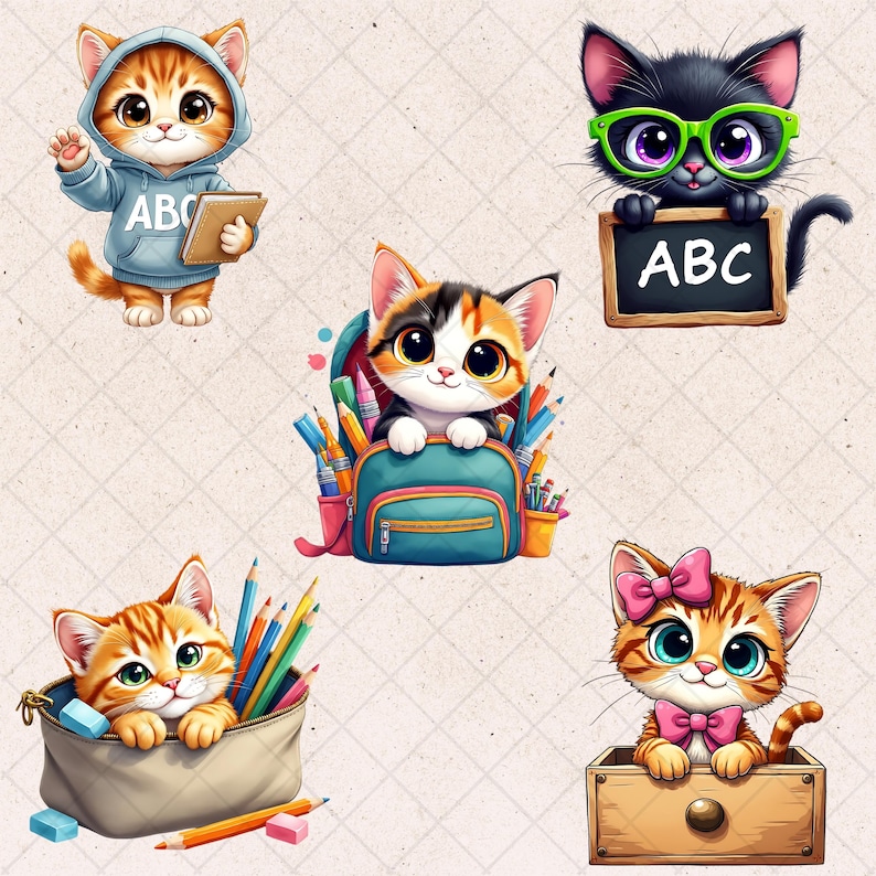 Kitten Clipart Bundle: Back to School Cat PNG Graphics (digital ...
