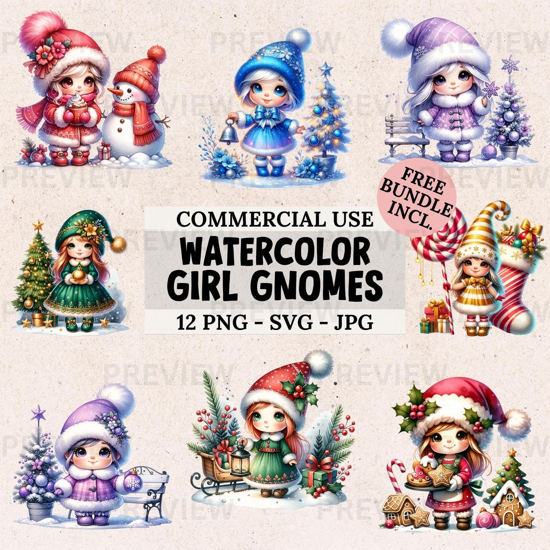 Watercolor Girl Gnomes Clipart Set, 12 Cute Christmas Gnome Images in ...