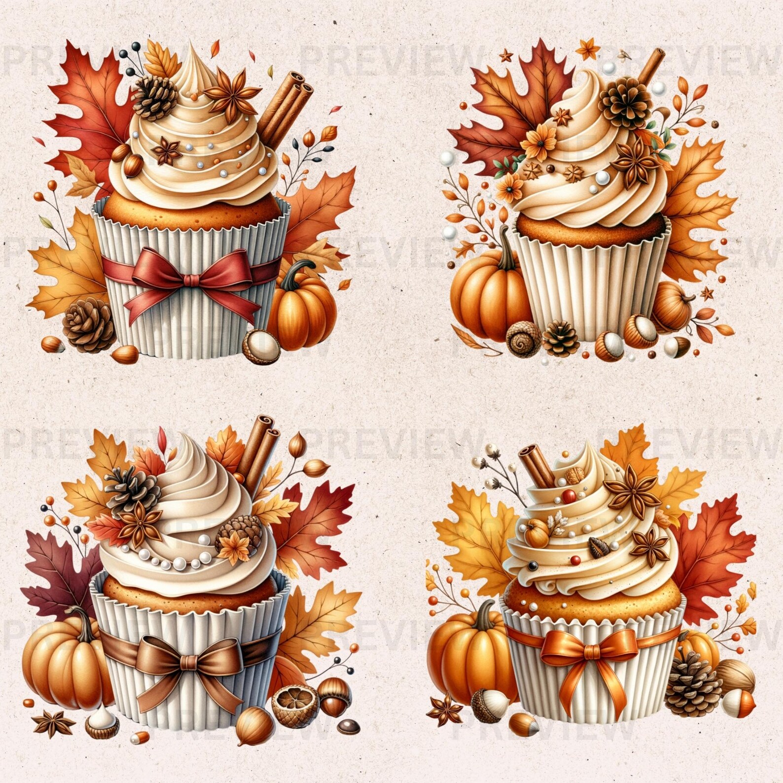 Autumn Cupcake Clipart Set, 12 Fall Watercolor Dessert PNG Clip Art ...