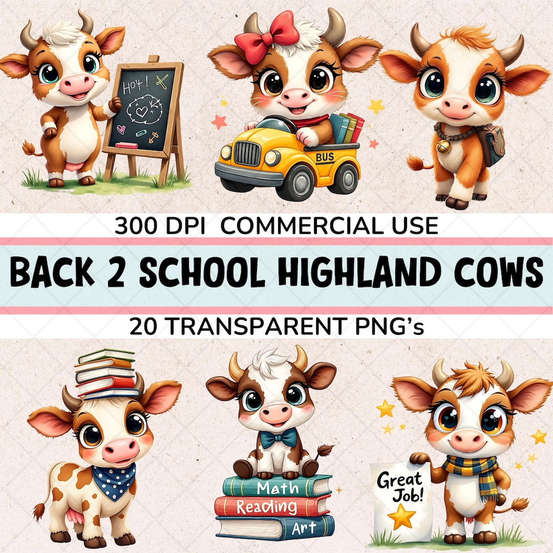 Back to School Highland Cow Clipart, Cute Farm Animal PNG, Classroom ...