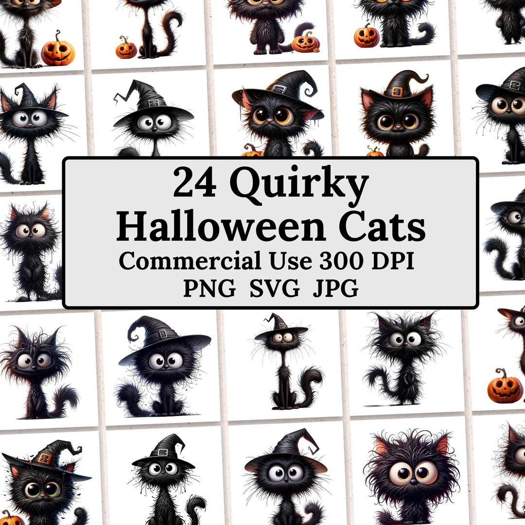 Quirky Cat Halloween Clipart Bundle, 24 Cute Halloween Black Cat Images ...