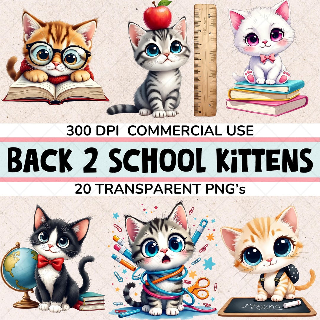 Kitten Clipart Bundle: Back to School Cat PNG Graphics (digital ...