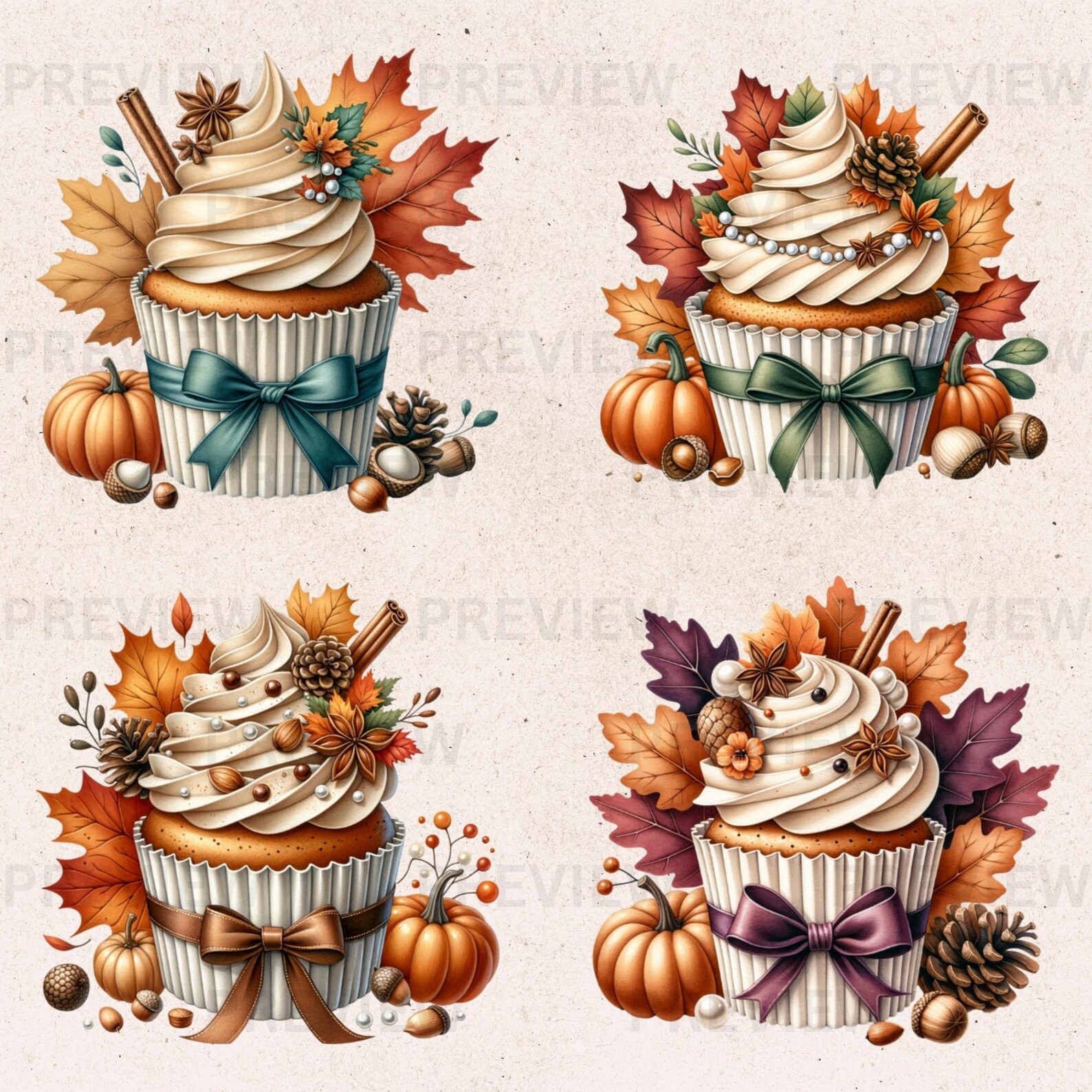 Autumn Cupcake Clipart Set, 12 Fall Watercolor Dessert PNG Clip Art ...