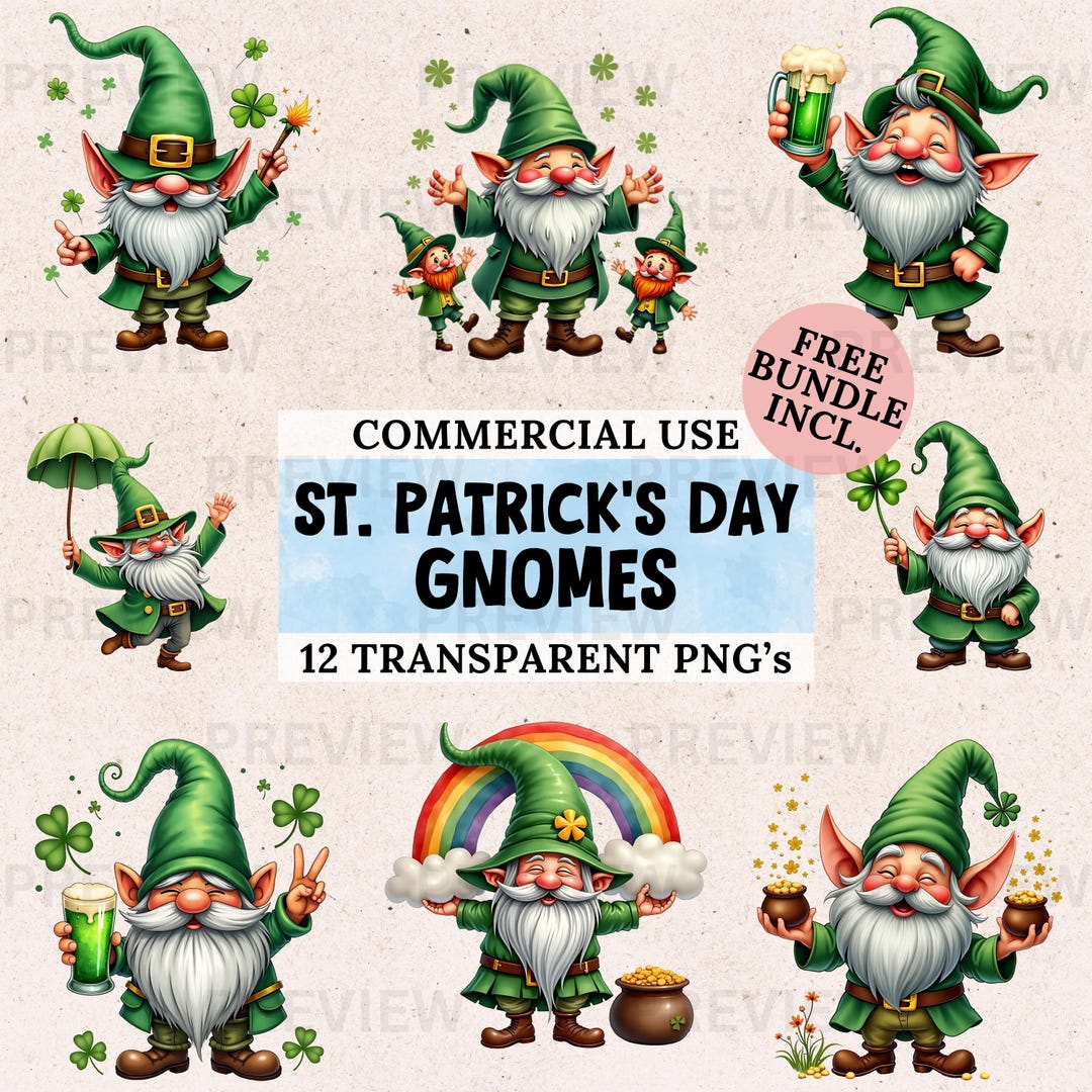 St. Patrick’s Day Gnome Clipart, Irish Gnome PNG, Shamrock Gnome ...