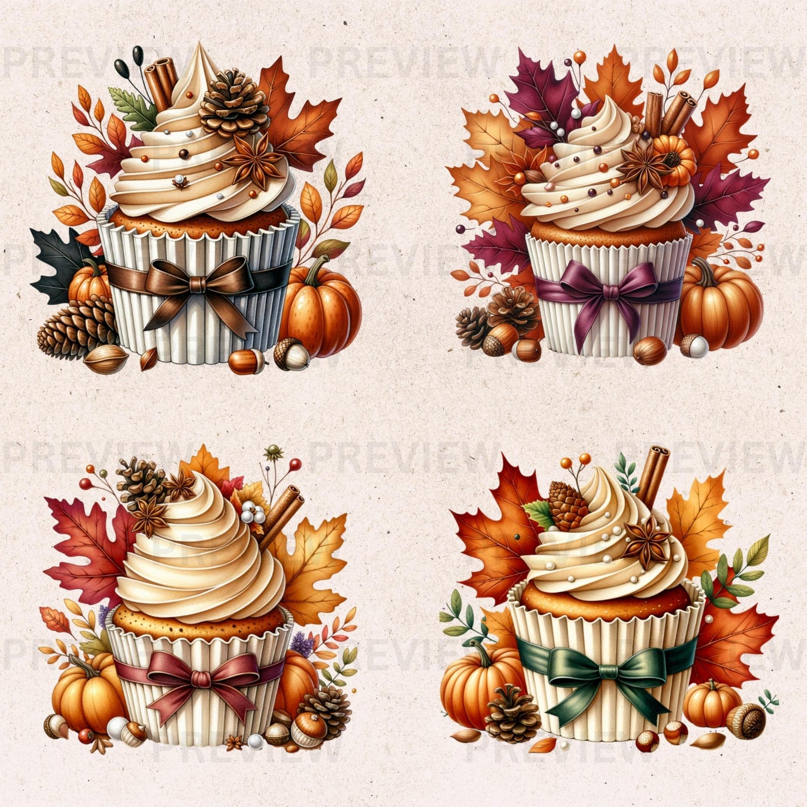 Autumn Cupcake Clipart Set, 12 Fall Watercolor Dessert PNG Clip Art ...