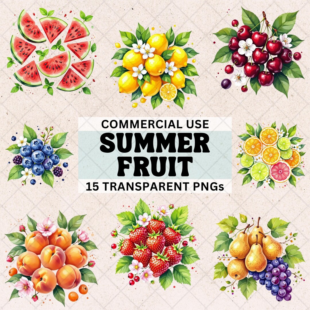 Watercolor Summer Fruit Clipart Bundle, 15 Citrus Fruit PNG Images ...
