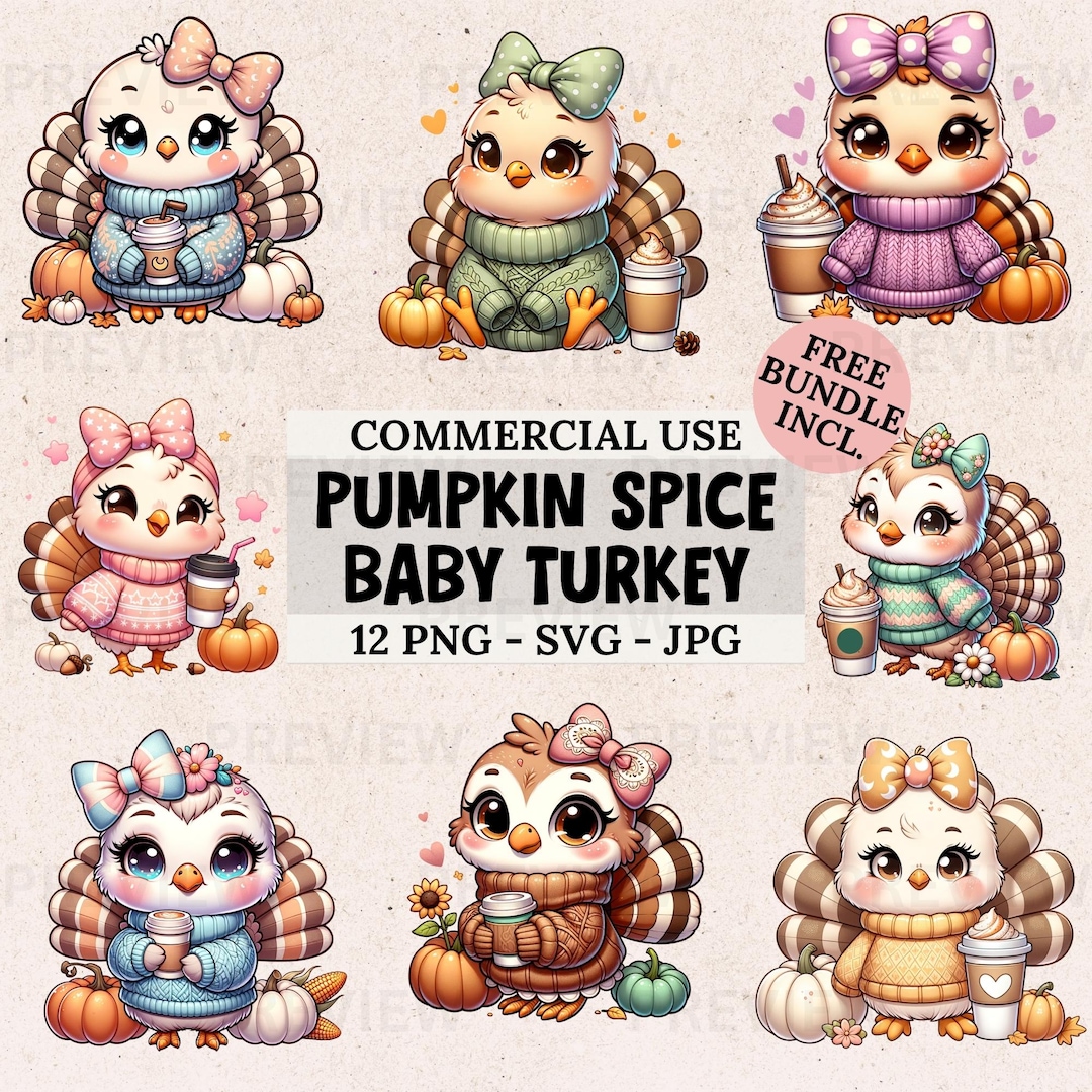 Pumpkin Spice Baby Turkey Clipart Set, 12 Cute Thanksgiving Images in ...