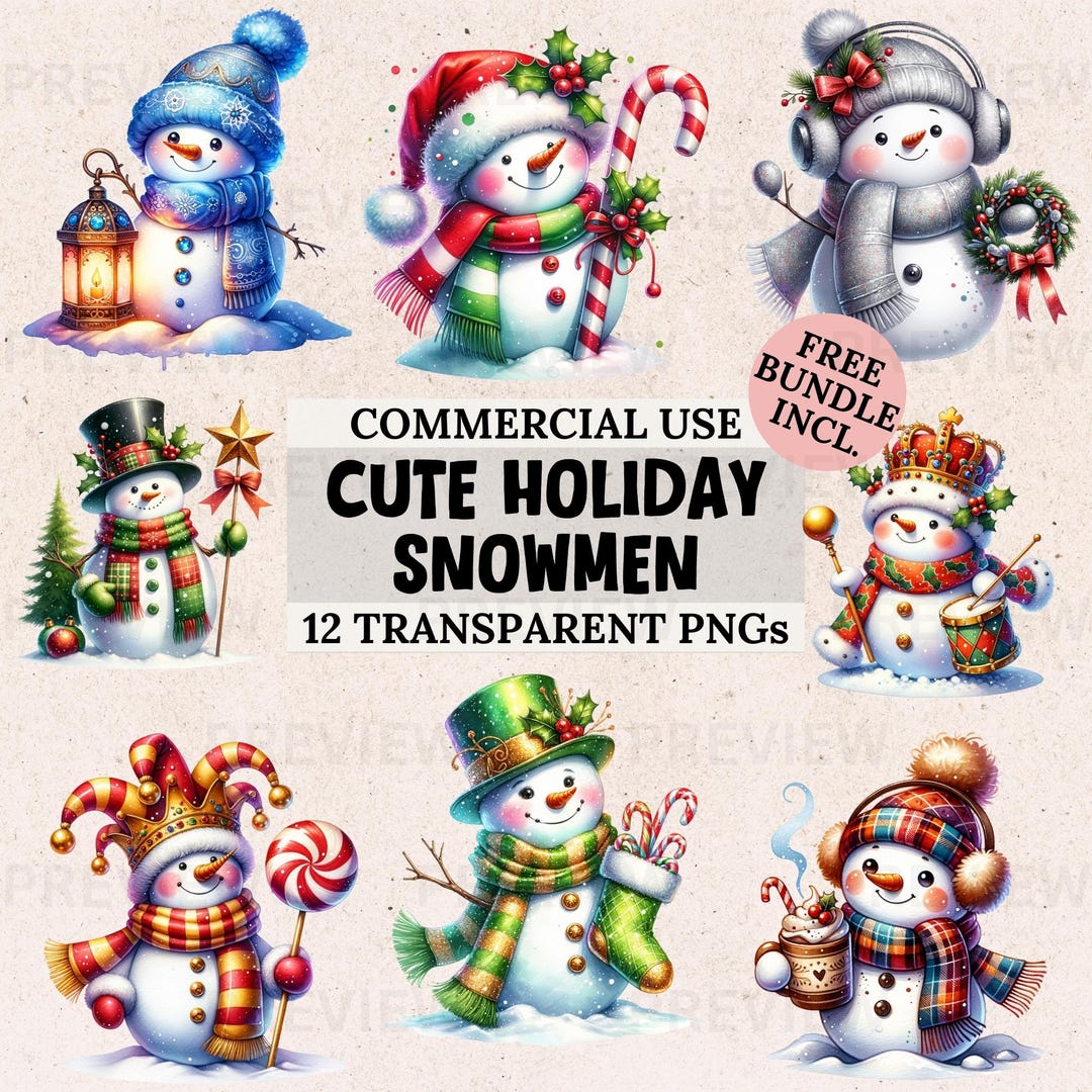 Cute Holiday Snowmen Clipart Set, 12 Christmas Snowman PNG Images ...
