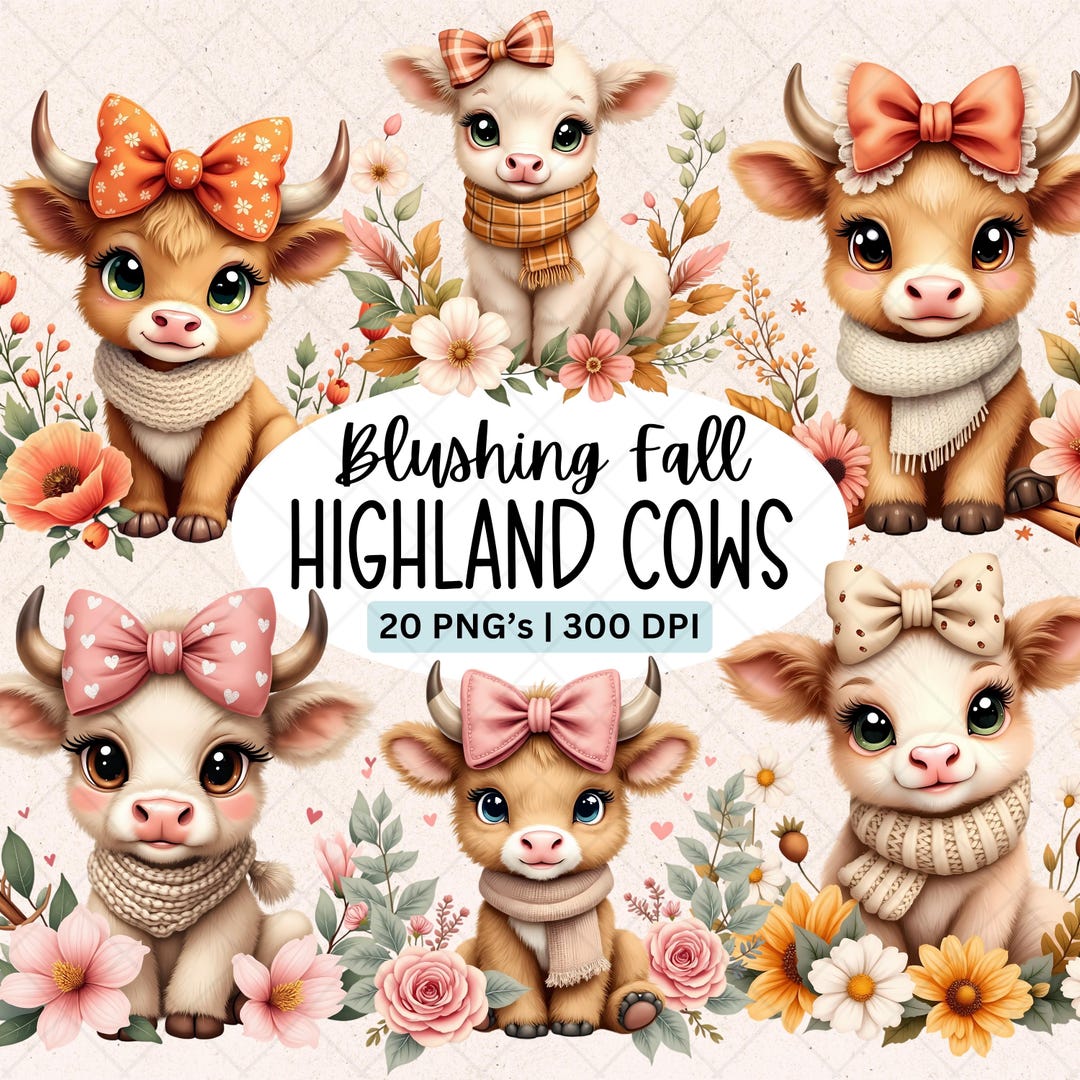 Blushing Fall Highland Cow Clipart Set, Blush Pink Autumn Sublimation ...