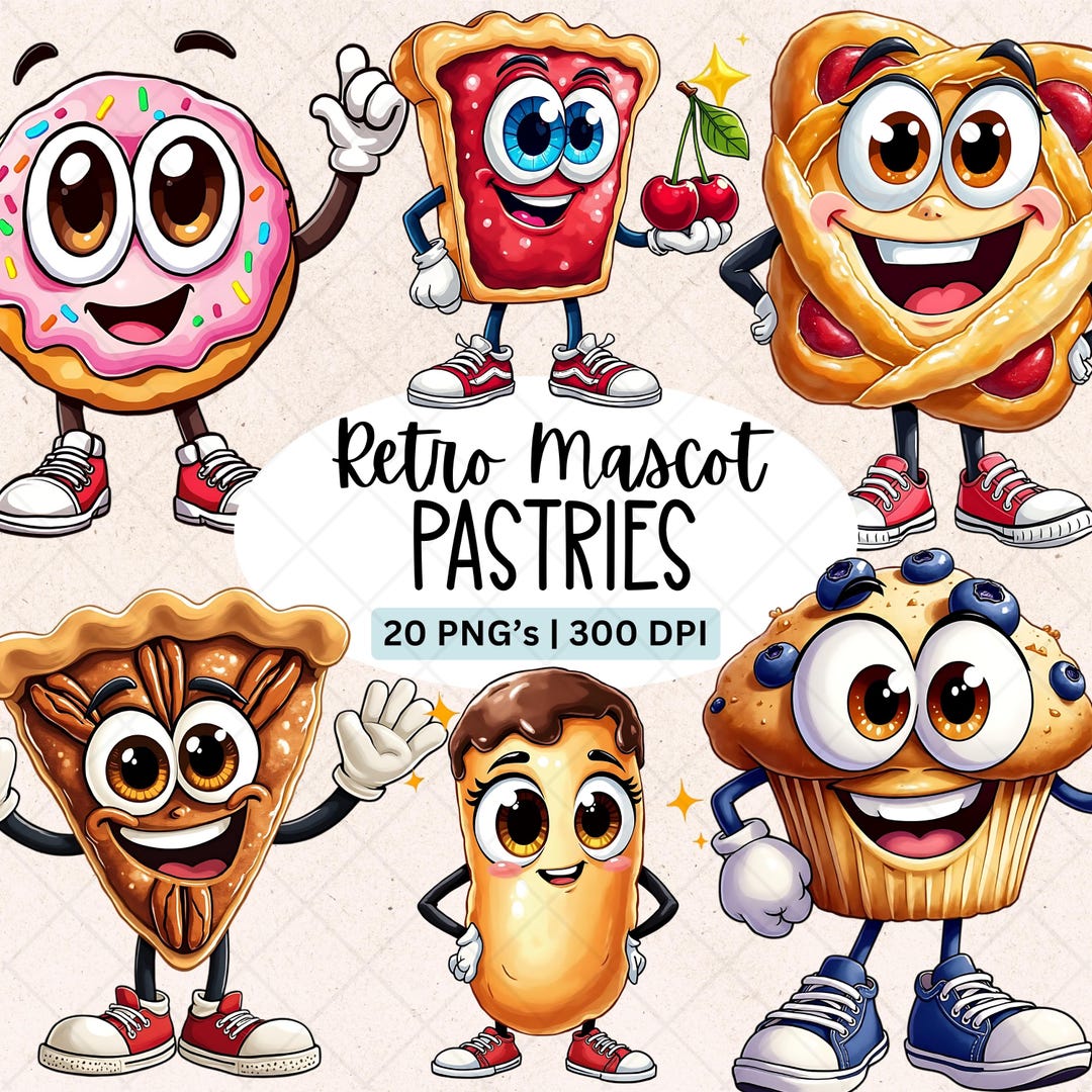 Retro Mascot Whimsical Pastries Clipart Set, Sweet Treats PNG Bundle ...