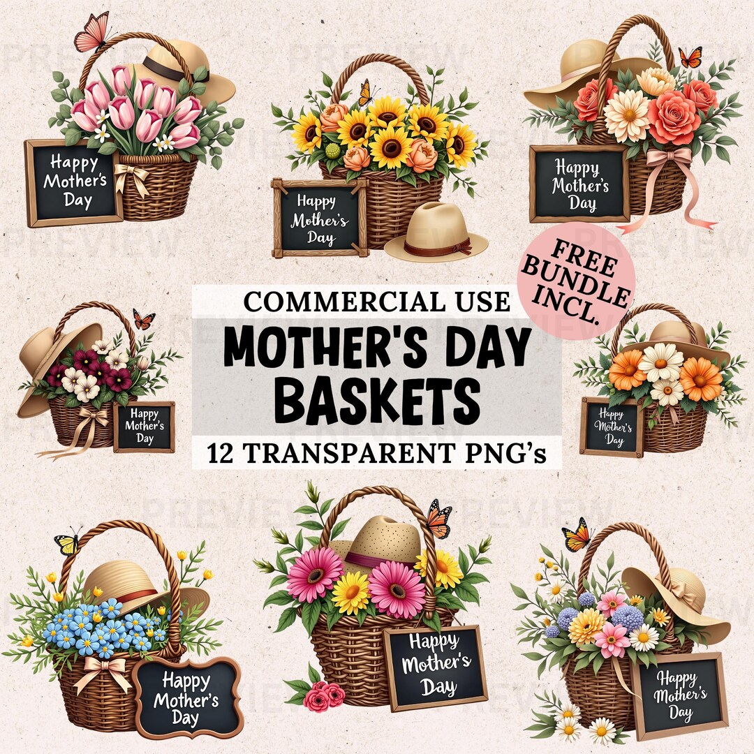 Mother’s Day Flower Basket PNG Clipart Bundle, 12 Sunflower ...