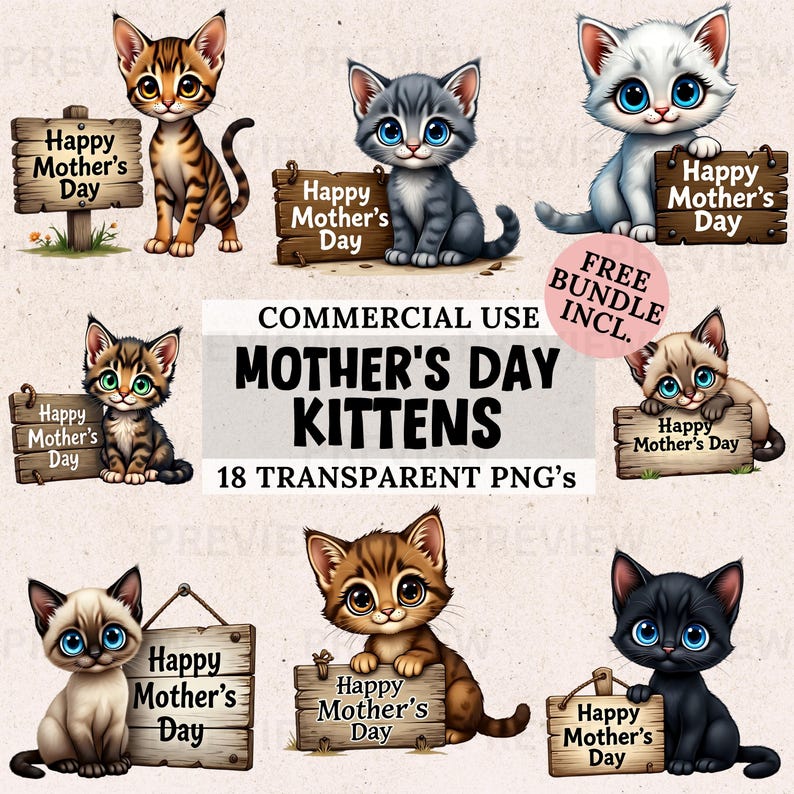 Mother’s Day Kitten PNG Clipart Bundle, Cute Cartoon Cats Holding Signs ...