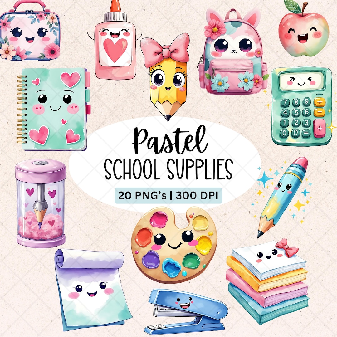 Pastel School Clipart Bundle, Kawaii School Supplies PNG, Cute ...