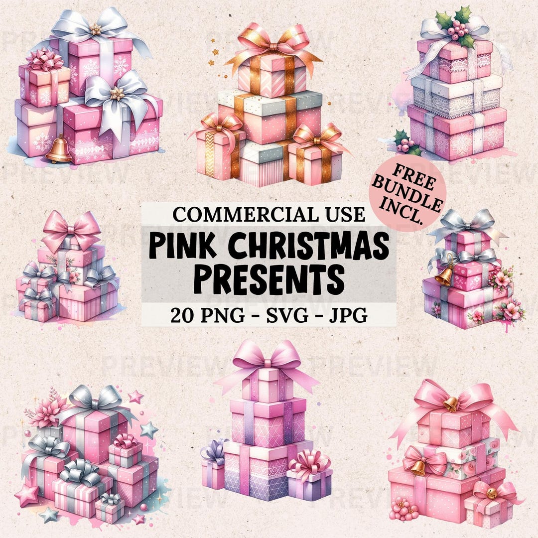 Pink Christmas Presents Clipart Set, 20 Wrapped Holiday Gift Images in ...