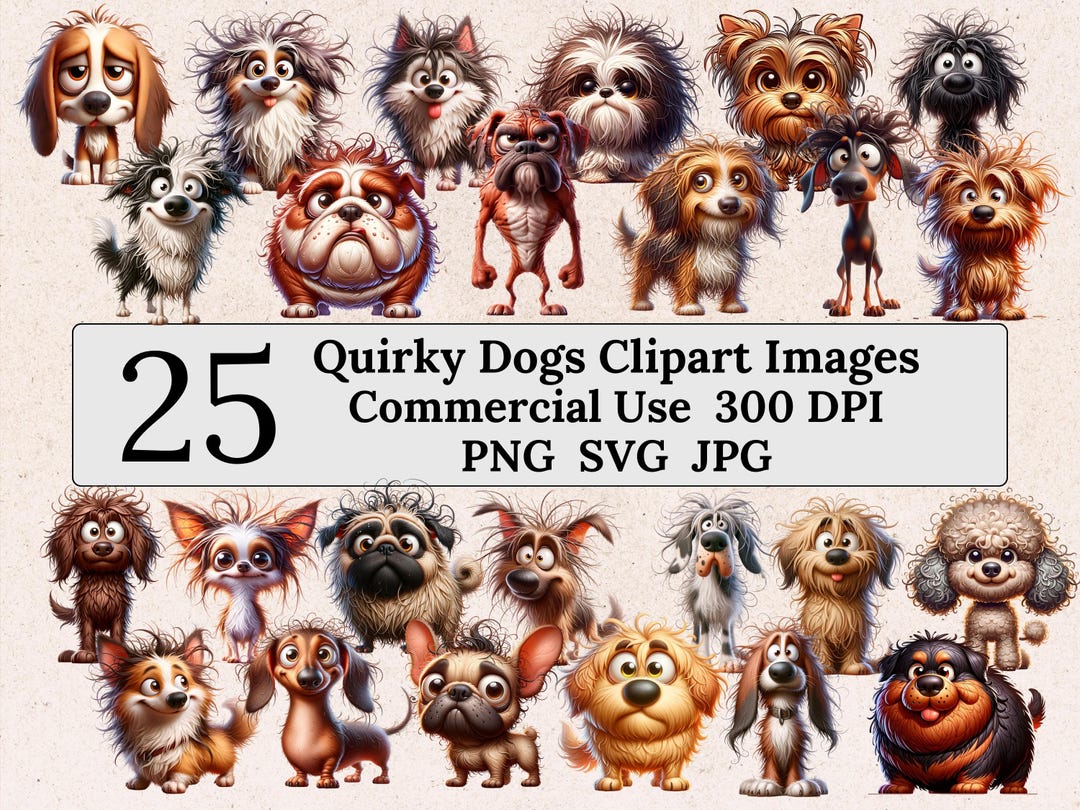 Quirky Dogs Clipart Bundle, 25 Cartoon Funny Dog Images in PNG SVG JPG ...
