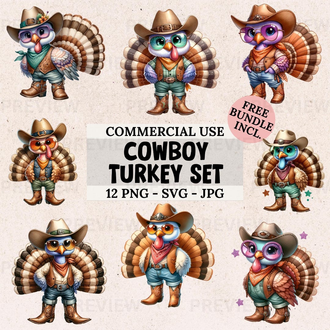 Cowboy Turkey Clipart Set: Whimsical Thanksgiving Images (PNG SVG JPG ...
