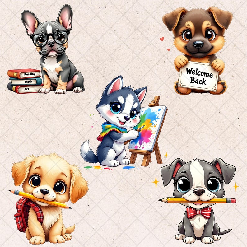 Back to School Puppy Clipart, Cute Dog PNG Bundle, Teacher Classroom ...