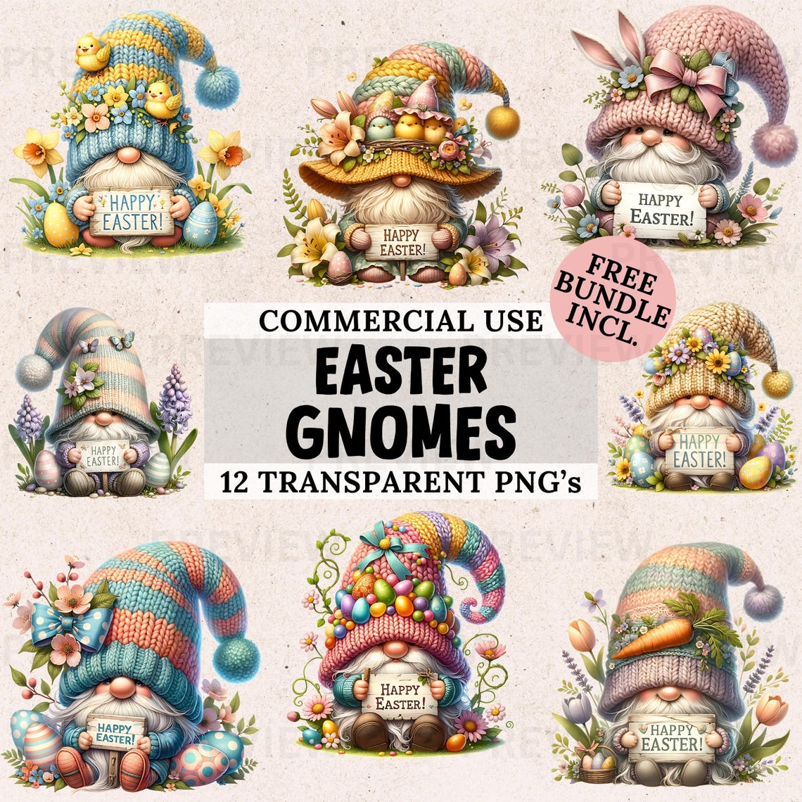 Watercolor Easter Gnomes Clipart Bundle: Spring PNG Designs (digital ...