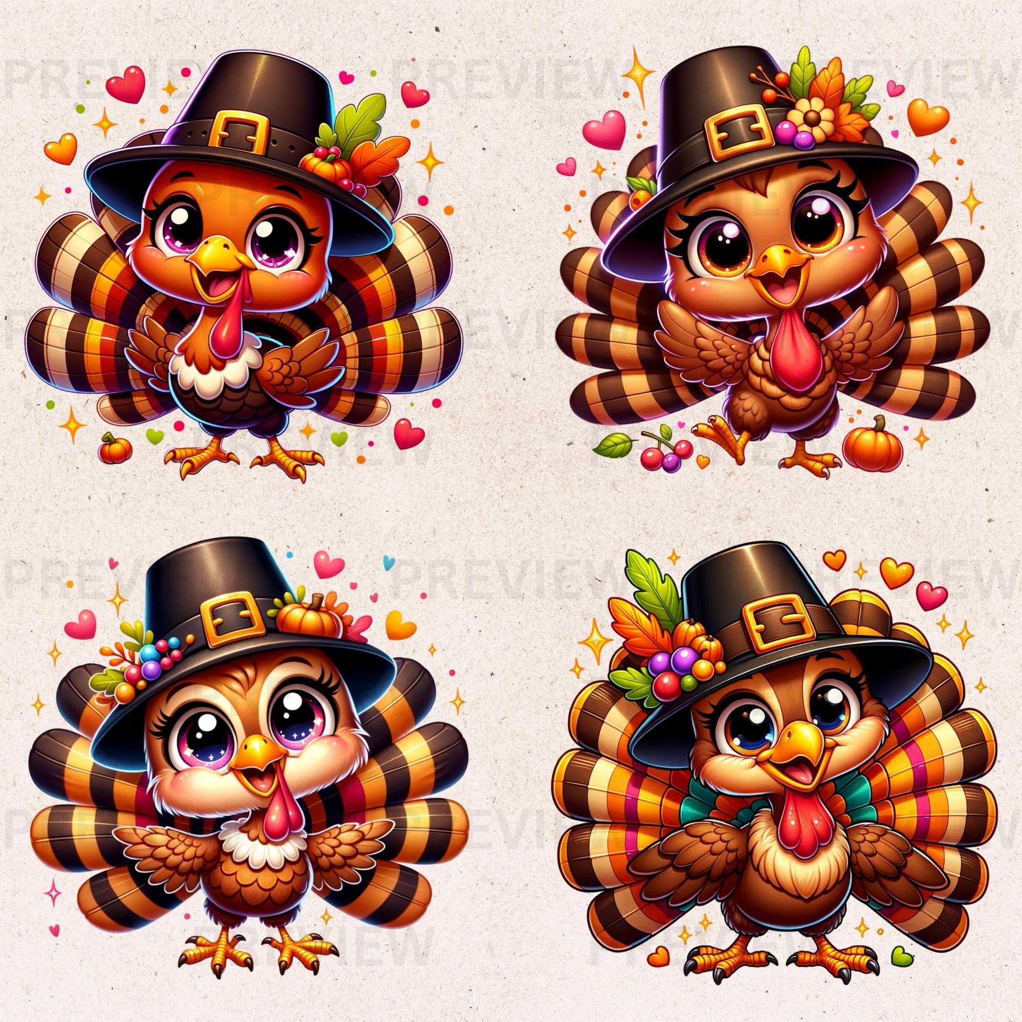 Cute Turkey Clipart Set. 12 Whimsical Thanksgiving Turkey Images ...