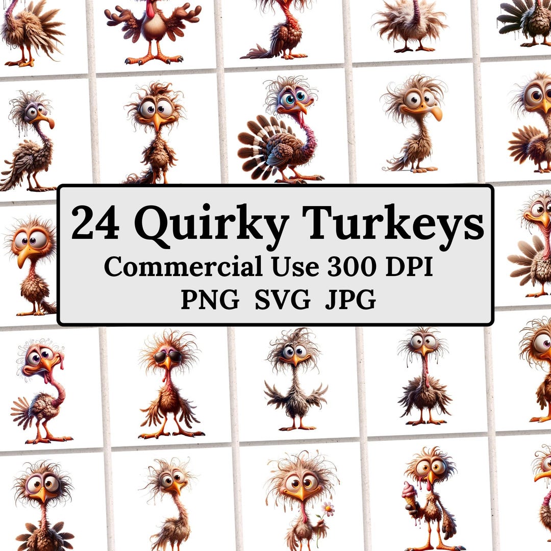 Funny Quirky Turkey Clipart Bundle, 24 Whimsical Turkey Illustrations ...