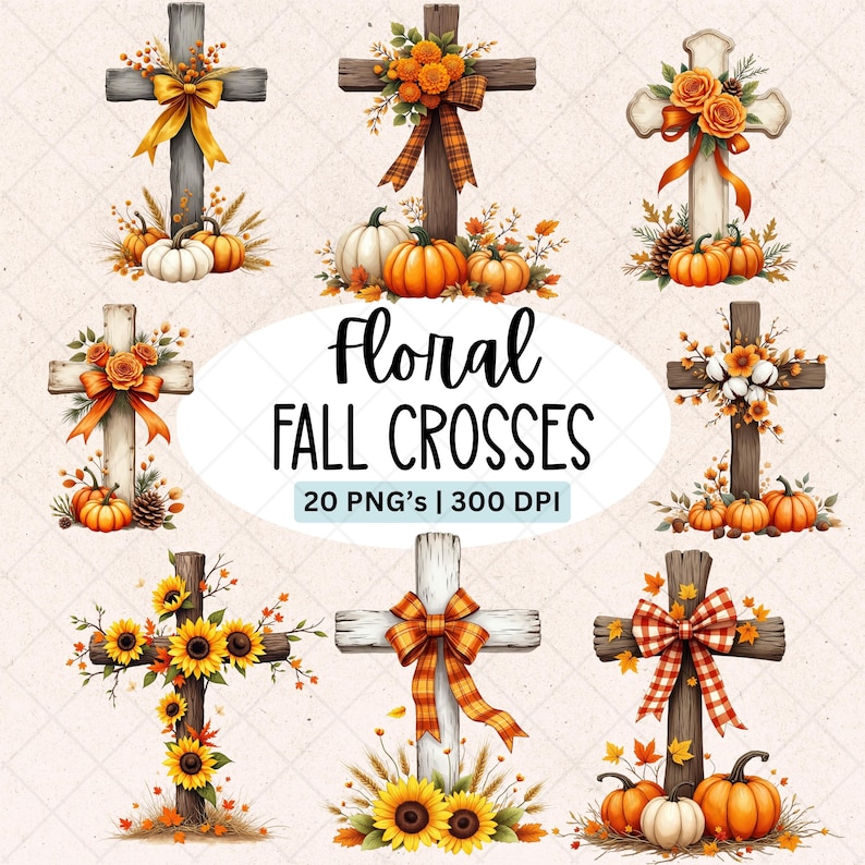 Fall Cross Clipart Bundle, Floral Cross PNG, Autumn Cross Clipart ...