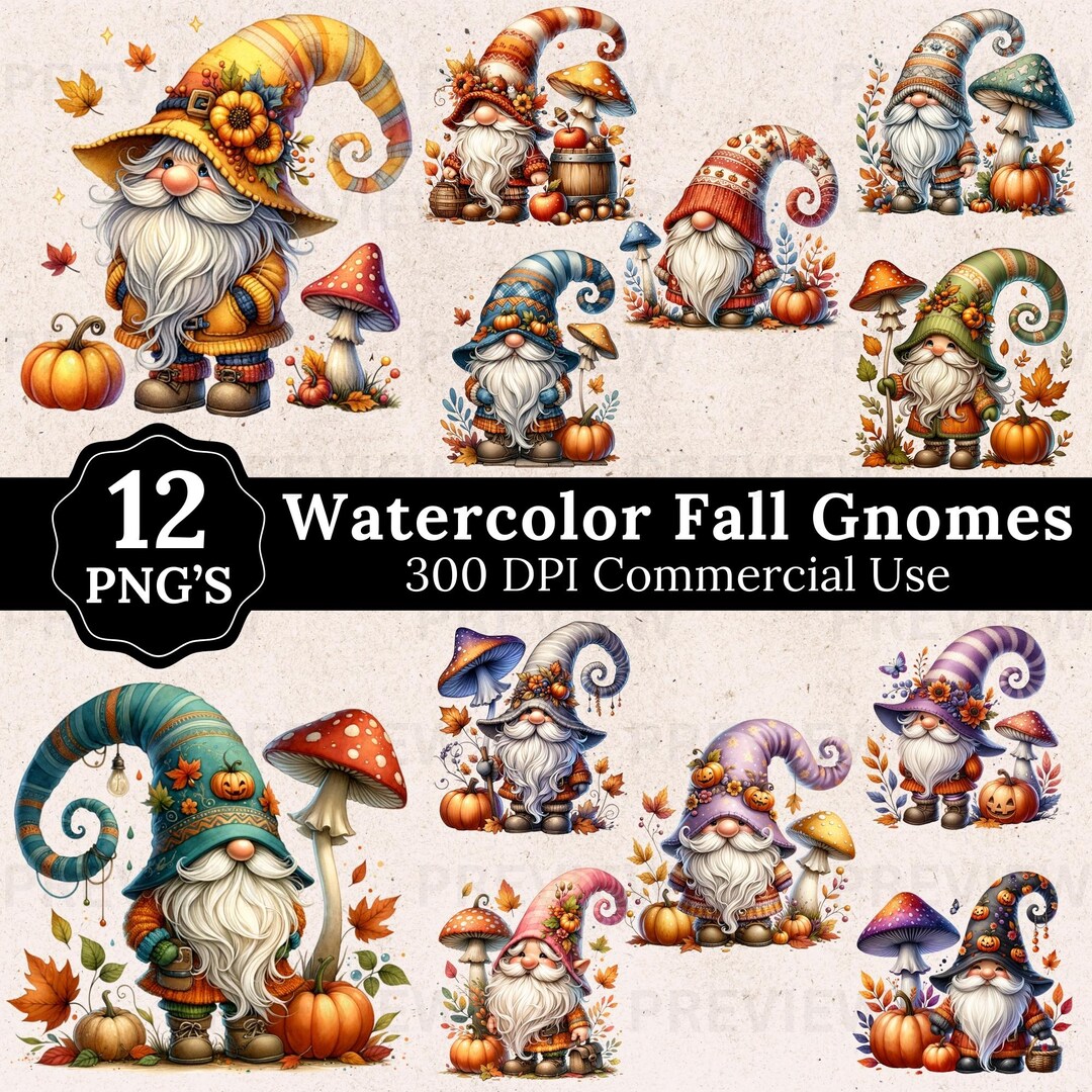 Watercolor Fall Gnome Clipart: 12 Autumn Pngs (digital Download) - Etsy