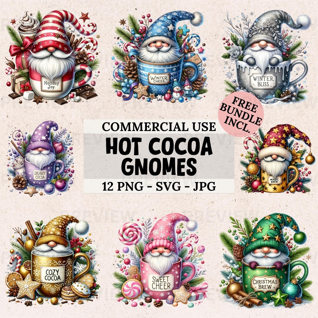 Watercolor Hot Cocoa Gnomes Clipart Set, 12 Cute Christmas Gnomes ...