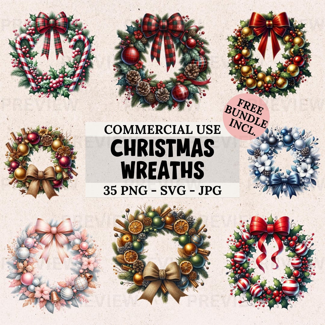 Christmas Winter Wreath Clipart Set, 35 Watercolor Holiday Images PNG ...