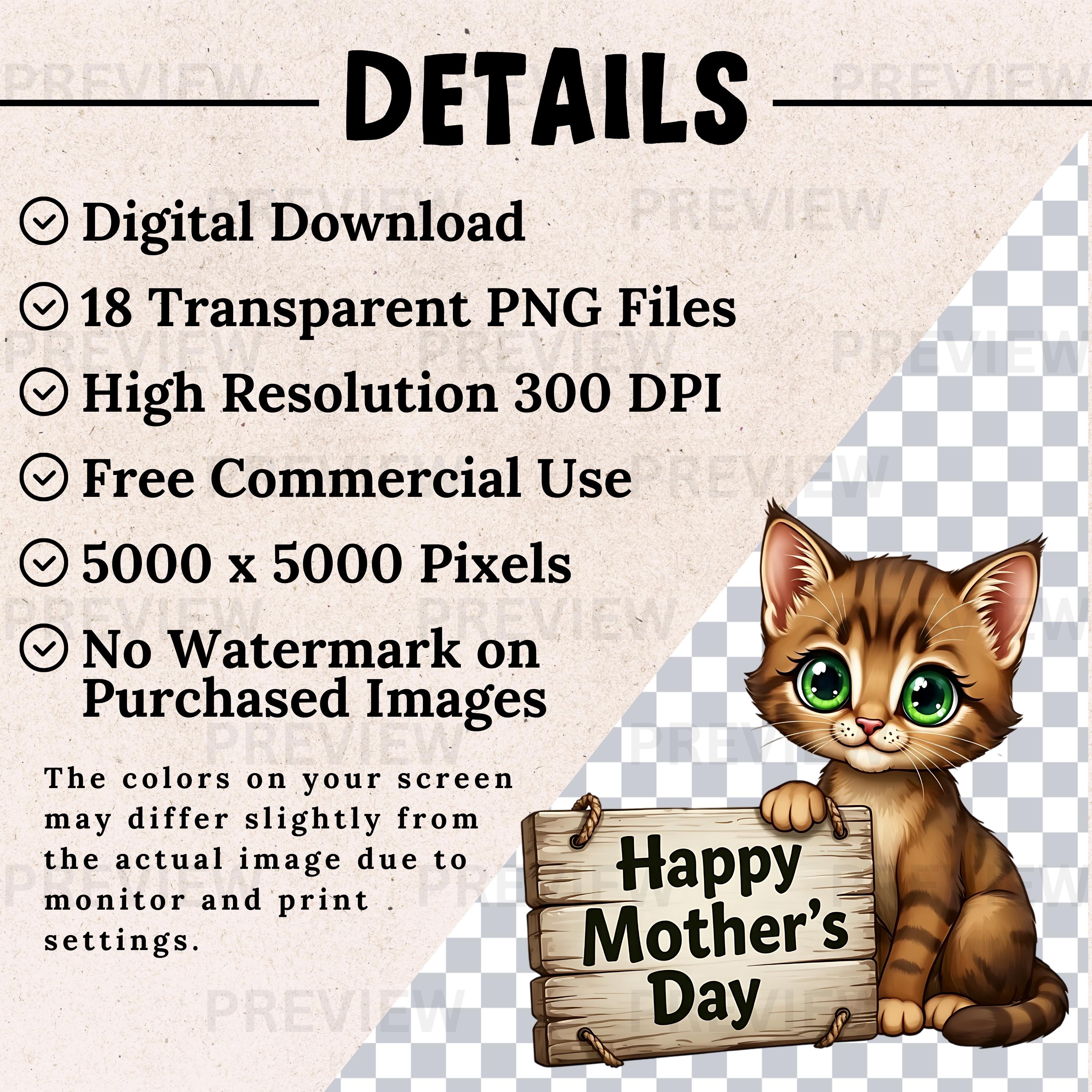 Mother’s Day Kitten PNG Clipart Bundle, Cute Cartoon Cats Holding Signs ...