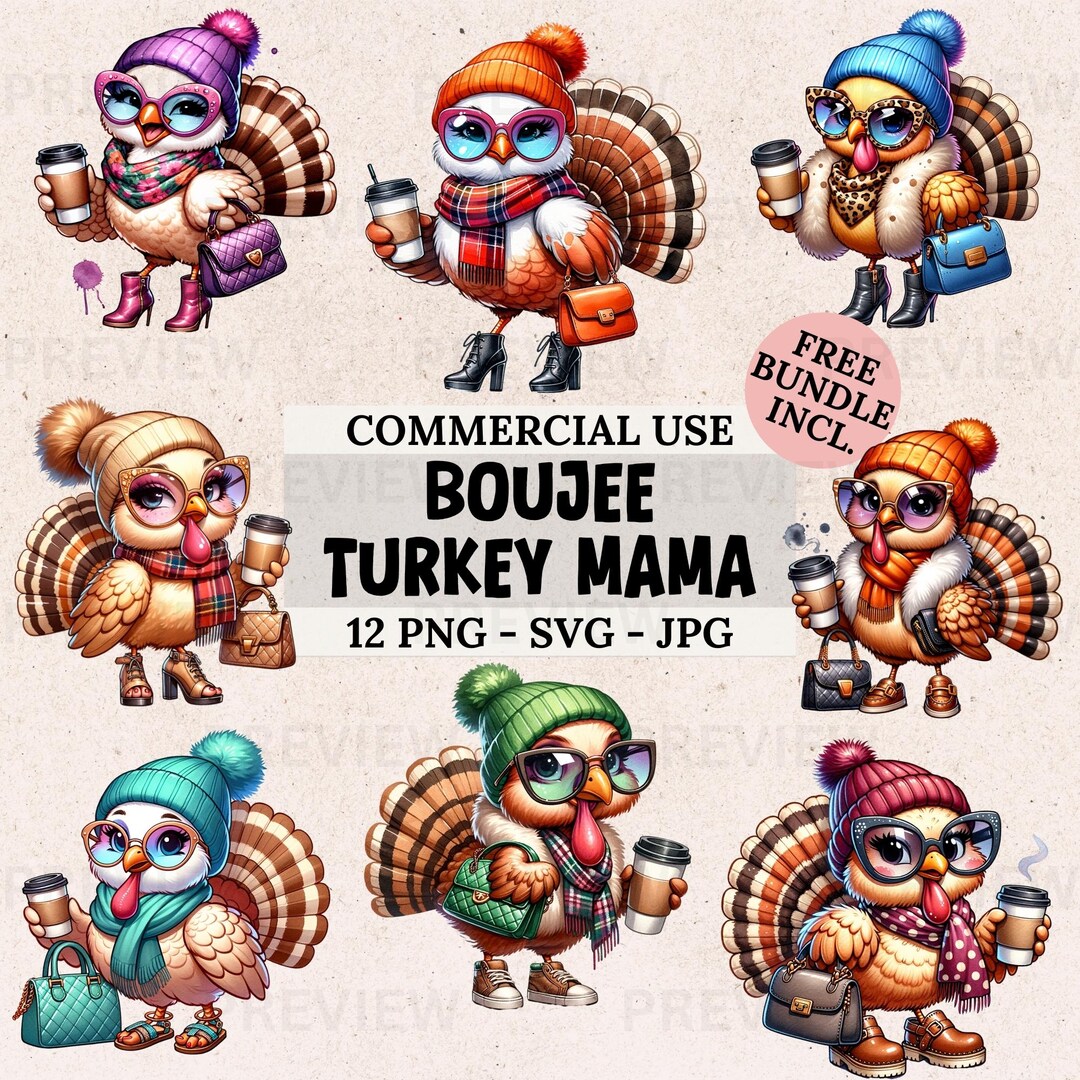 Cute Boujee Turkey Clipart Set. 12 Whimsical Thanksgiving Turkey Images ...