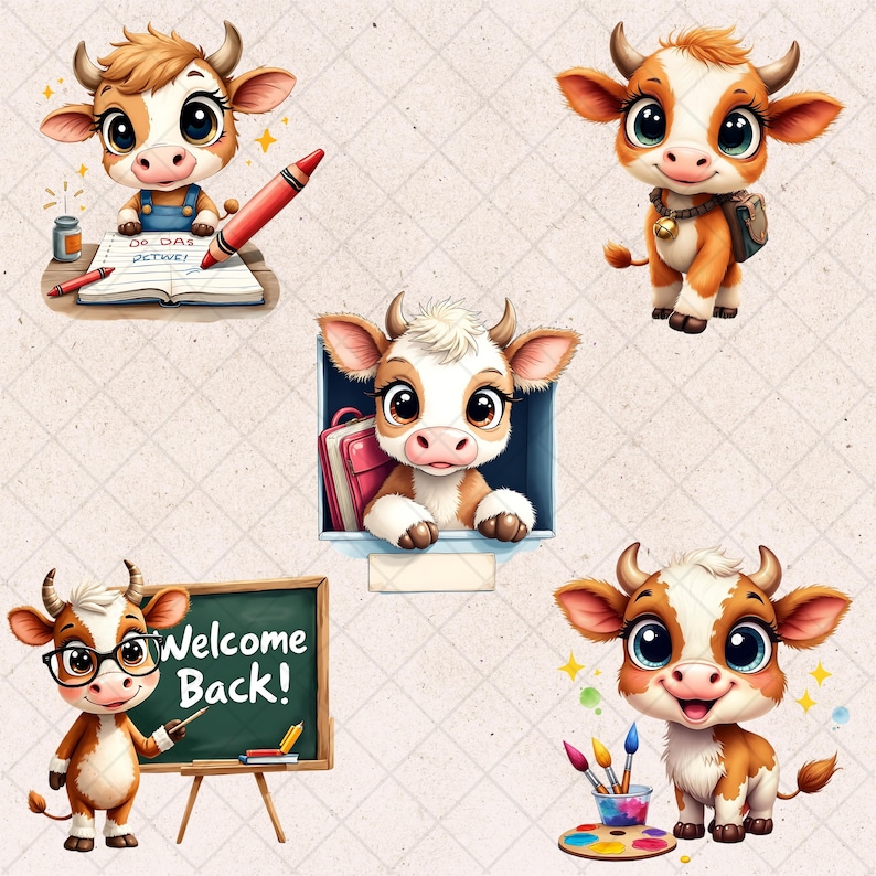 Back to School Highland Cow Clipart, Cute Farm Animal PNG, Classroom ...