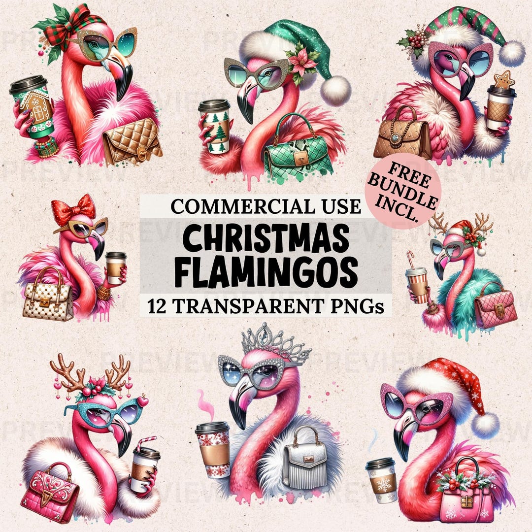 Christmas Flamingo Clipart Set, 12 Holiday Flamingo PNG Images, Boujee ...