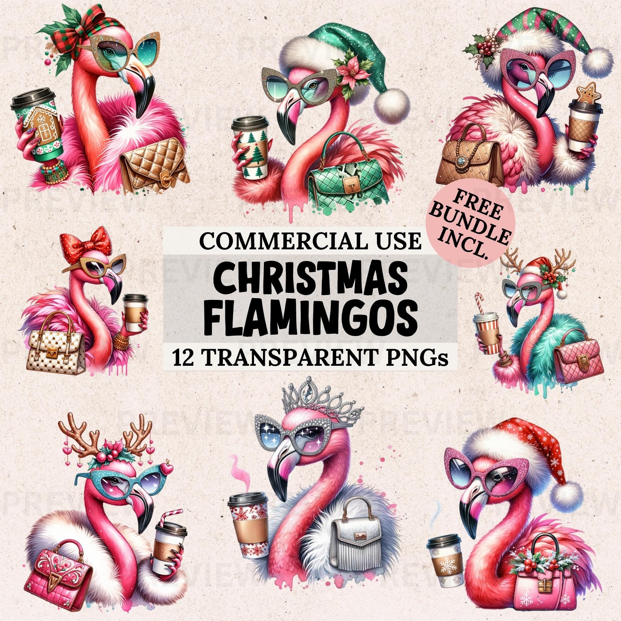 Christmas Flamingo Clipart Set, 12 Holiday Flamingo PNG Images, Boujee ...