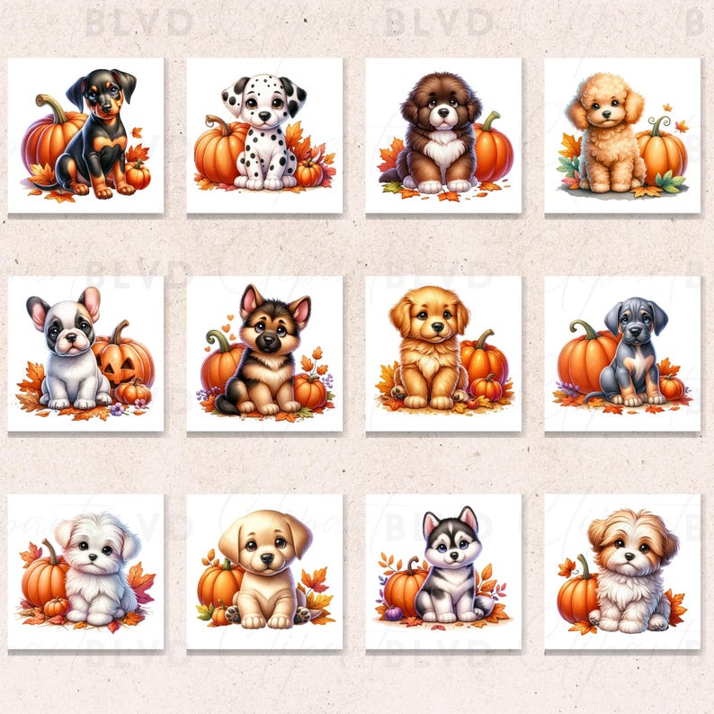 Adorable Autumn Puppy Clipart Bundle, 30 Cute Dog Illustrations Digital ...