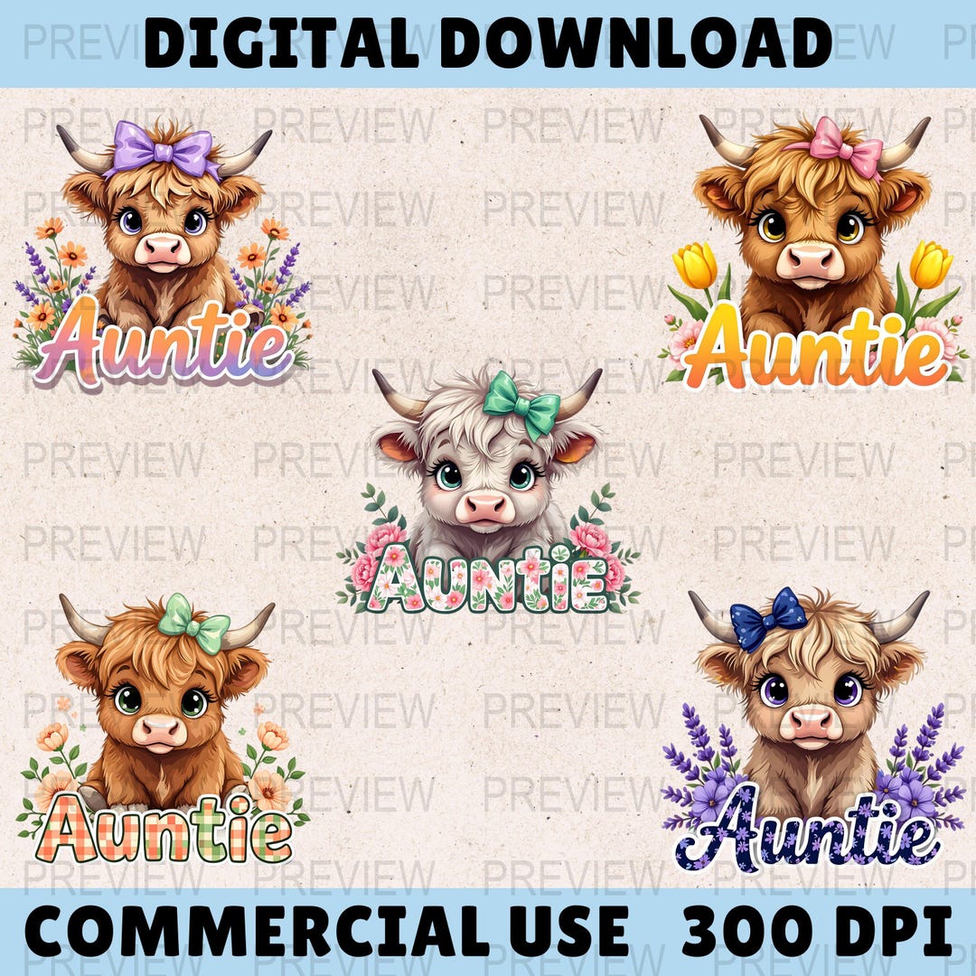 Auntie Highland Cow PNG Clipart Bundle, Cute Mother's Day Baby Cow ...