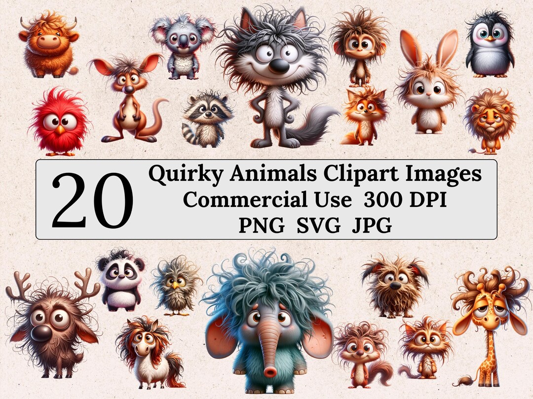 20 Whimsical Animals Clipart Bundle: Funny PNG JPG SVG Graphics ...