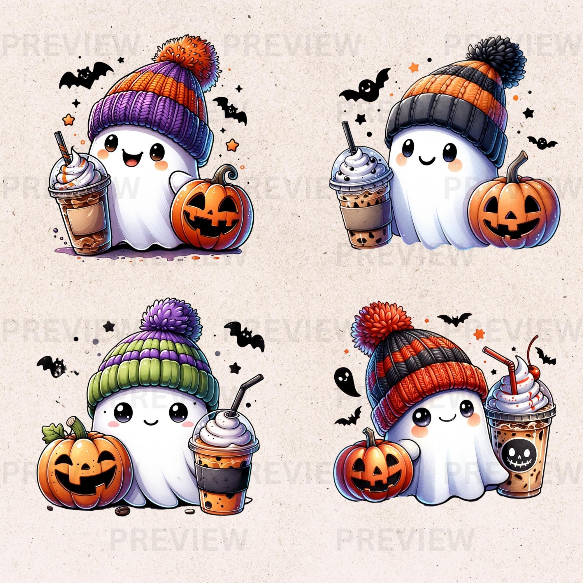 Bougie Ghost Clipart Set, 14 Cute Ghost Drinking Coffee PNG Images ...