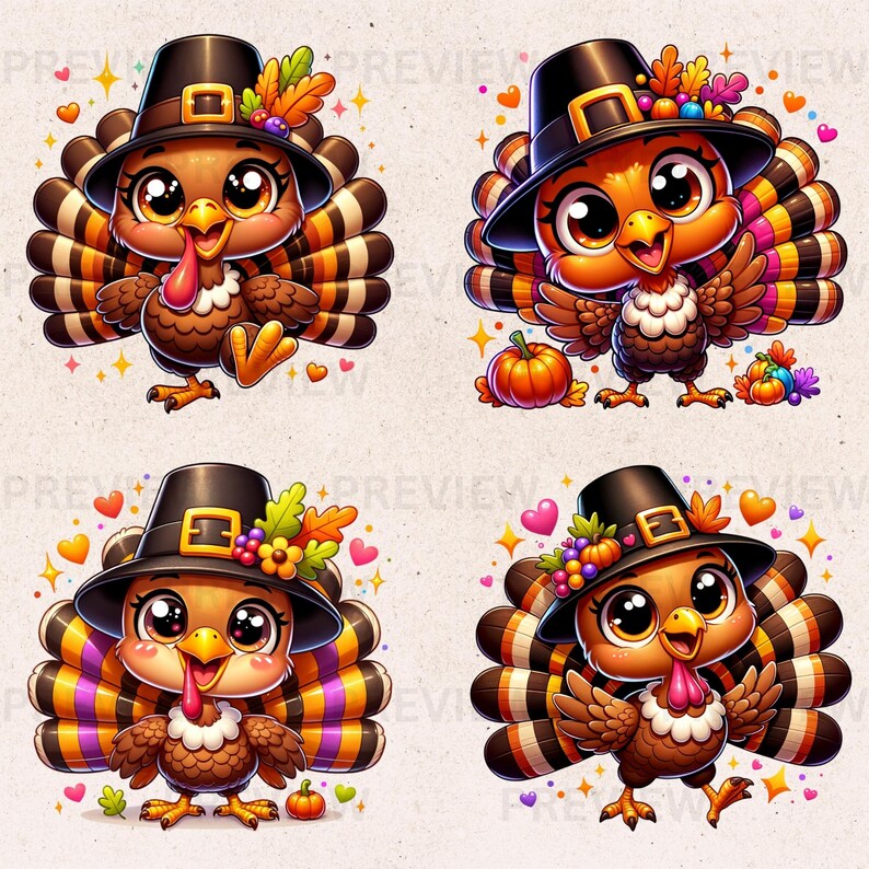 Cute Turkey Clipart Set. 12 Whimsical Thanksgiving Turkey Images ...