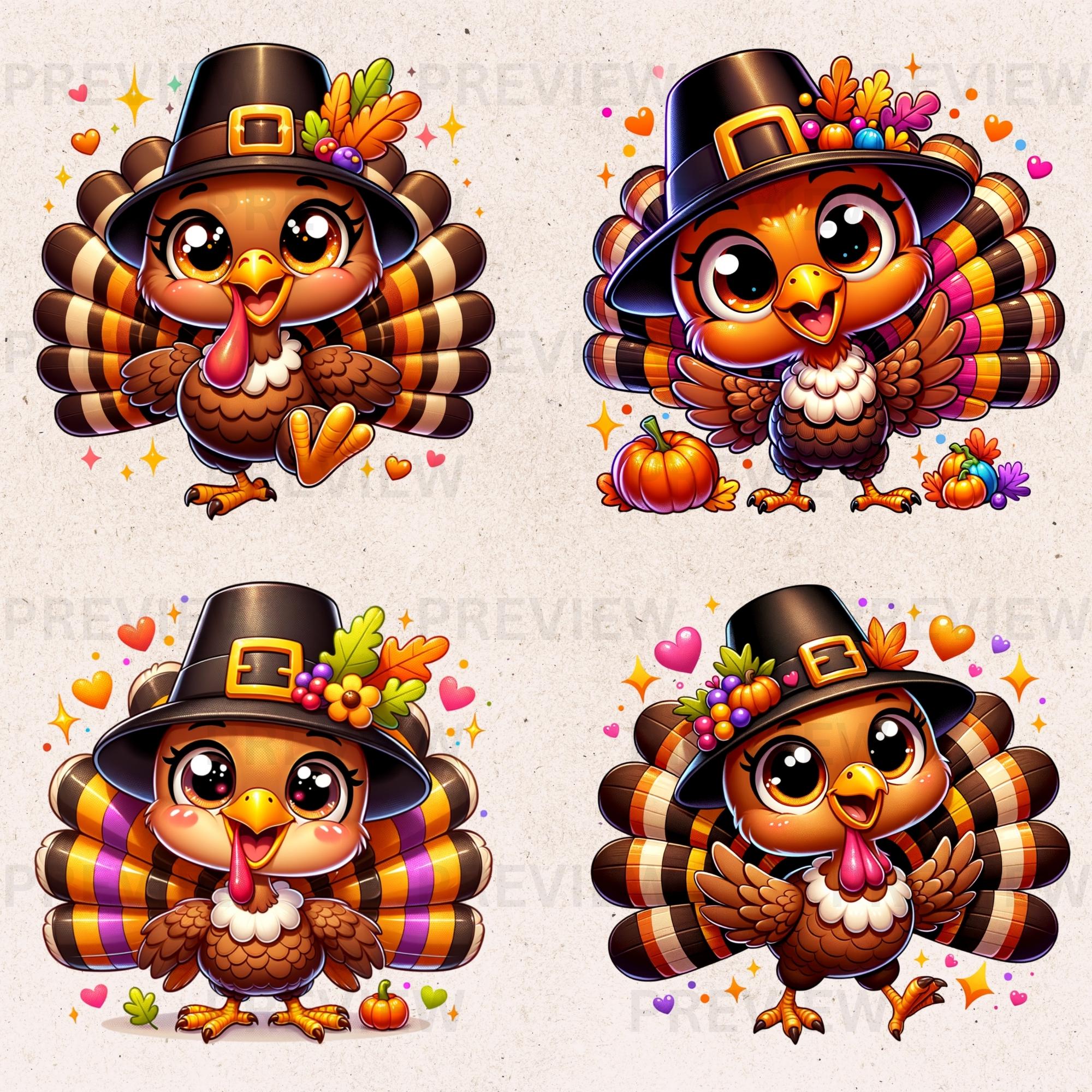 Cute Turkey Clipart Set. 12 Whimsical Thanksgiving Turkey Images ...