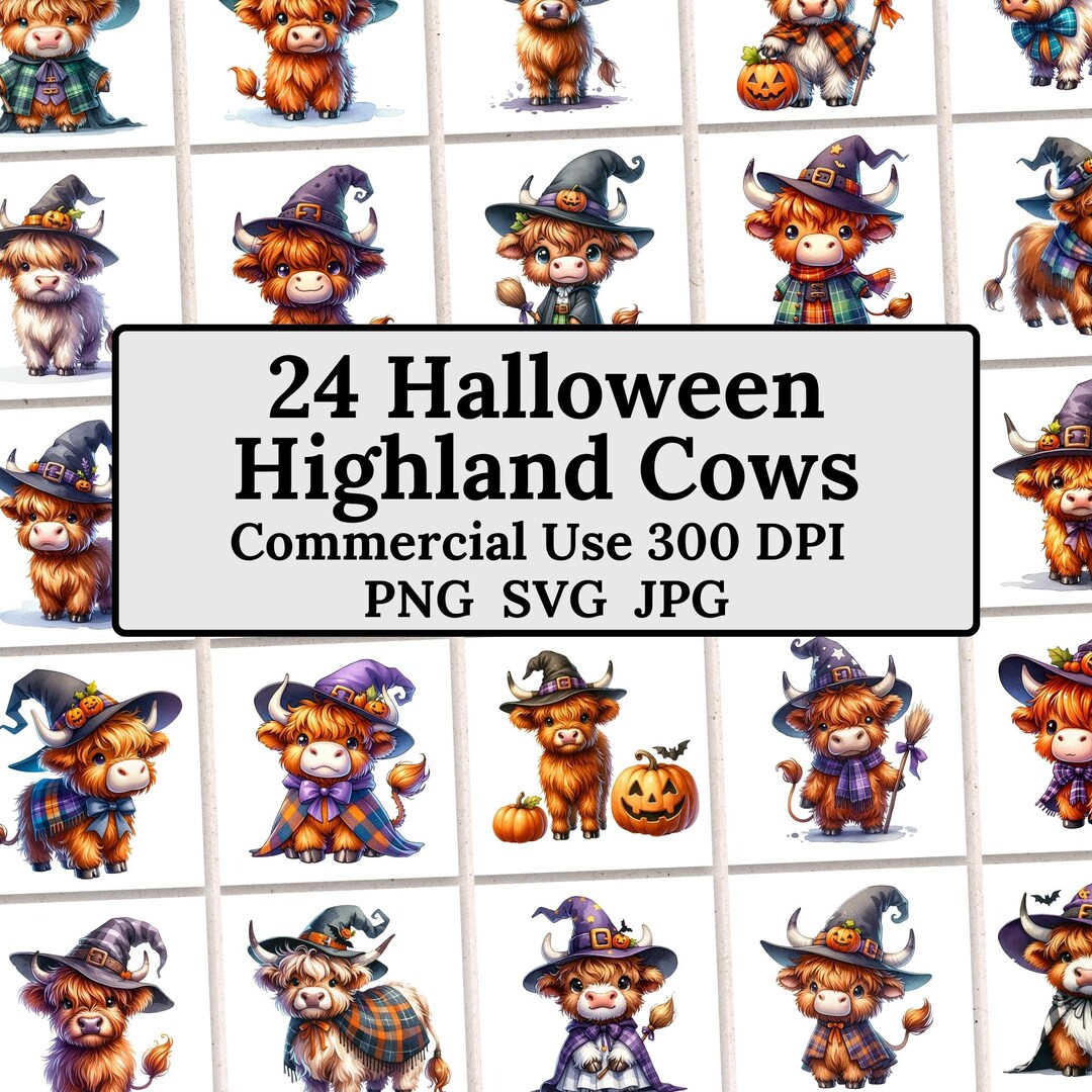 Halloween Highland Cow Clipart Bundle, 24 Highland Cow Halloween Images ...