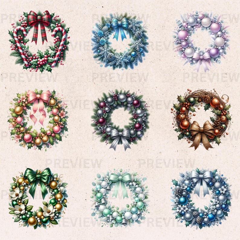 Christmas Winter Wreath Clipart Set, 35 Watercolor Holiday Images PNG ...