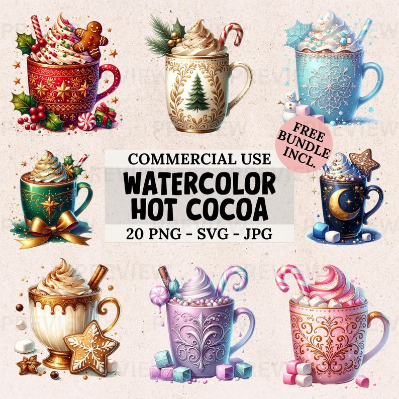 Watercolor Hot Cocoa Clipart Set, 20 Hot Chocolate Images in PNG SVG ...
