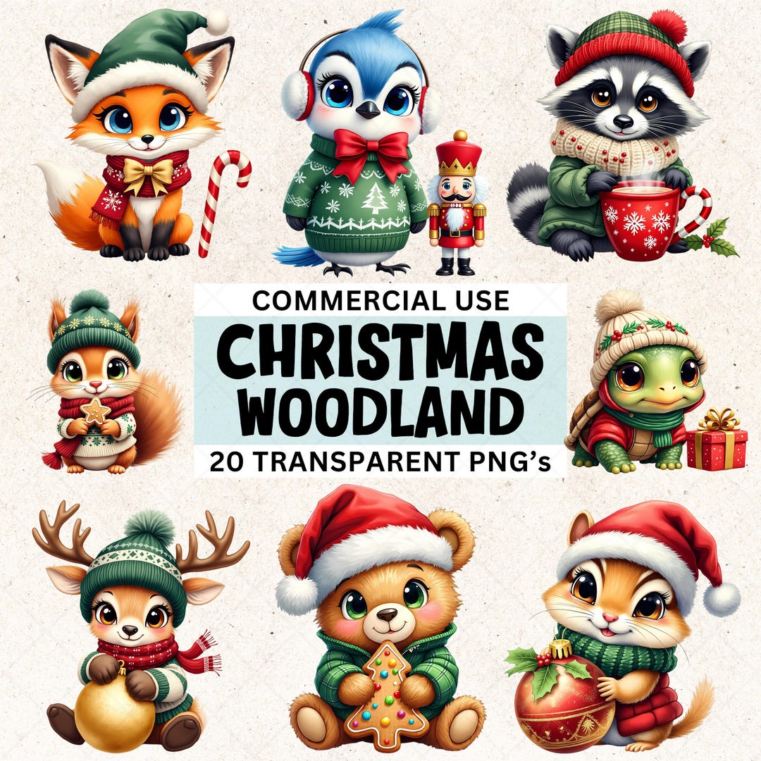 Christmas Woodland Animal Clipart Bundle, Winter Forest Animals PNG Set ...