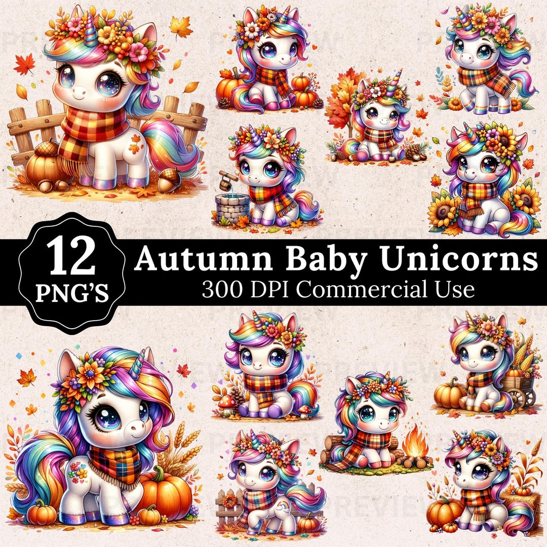 Autumn Baby Unicorn Clipart Set, 12 Watercolor Fall Unicorn PNG ...