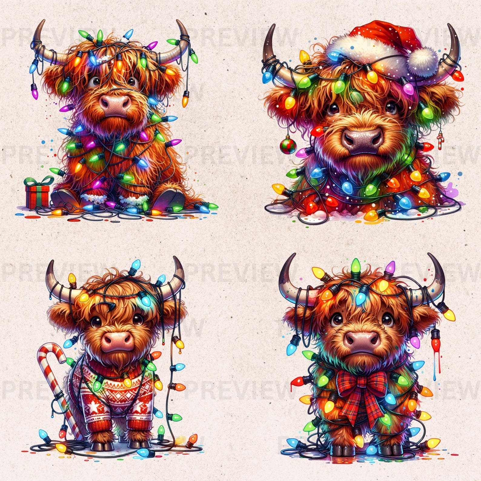 Quirky Christmas Highland Cow Clipart Set, 12 Whimsical Cow in Lights ...