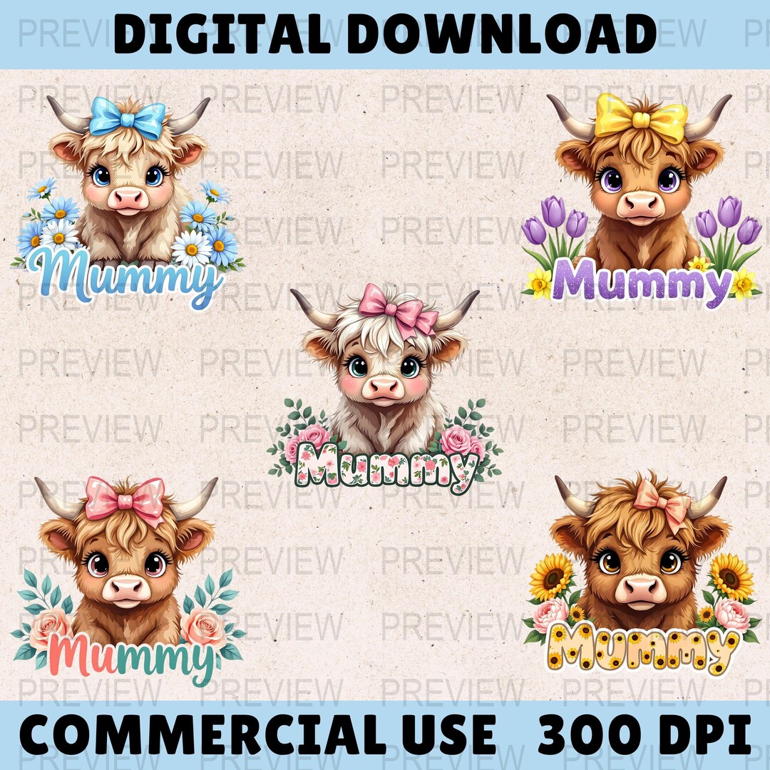 Mummy Highland Cow PNG Clipart Bundle, Cute Mother's Day Baby Cow ...