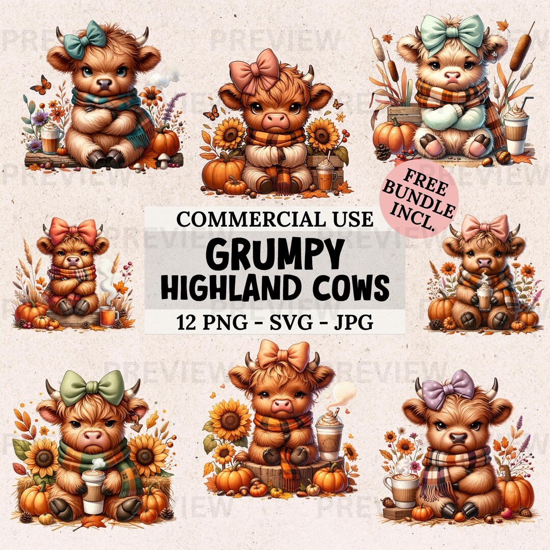 Grumpy Highland Cow Clipart Set, 12 Cute Whimsical Cow Art Images in ...
