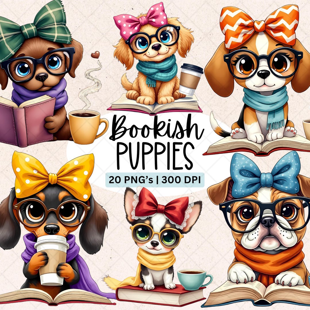 Bookish Puppy Clipart Set, Literacy Day Pngs, Cute Dogs Reading Books ...
